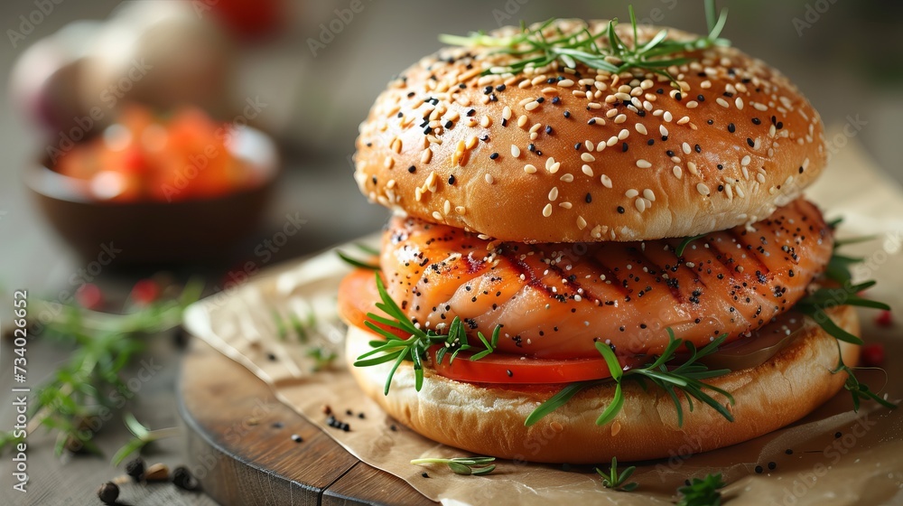 perfect fish burger in a freshly baked bun and seared salmon with ...