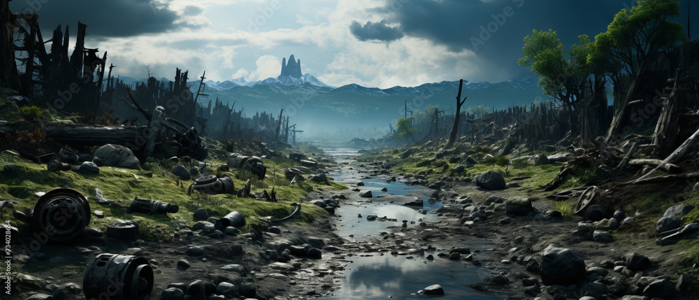 Post-Apocalyptic Wilderness with Abandoned Car. A serene yet eerie post ...