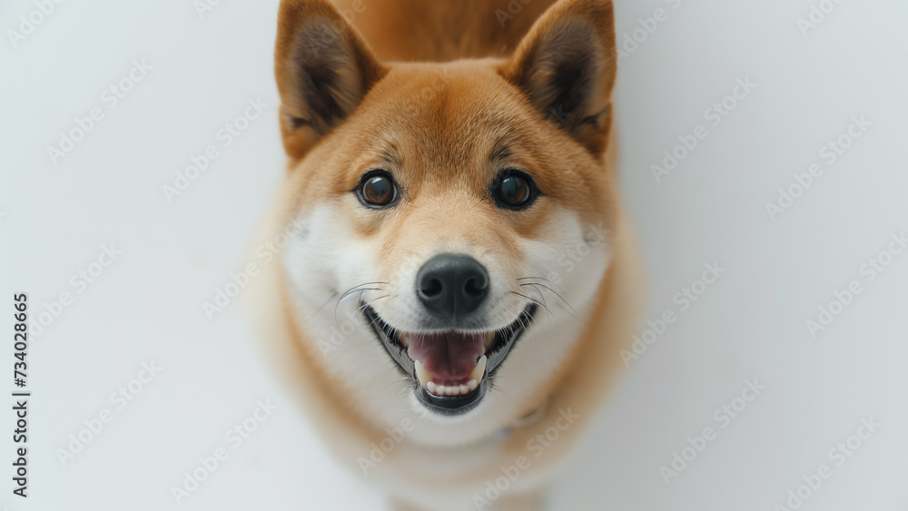Friendly looking funny dog Shiba Inu happy smiling on white background ...