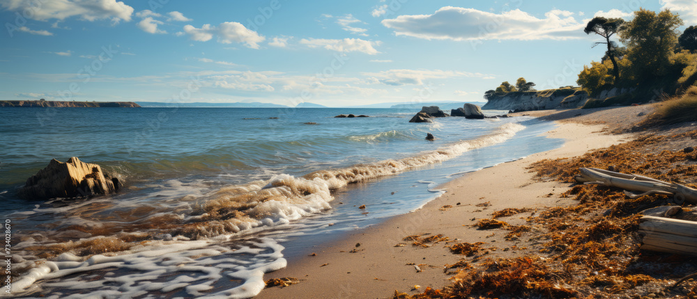 The tranquility of a secluded beach scene, with golden seaweed strewn ...