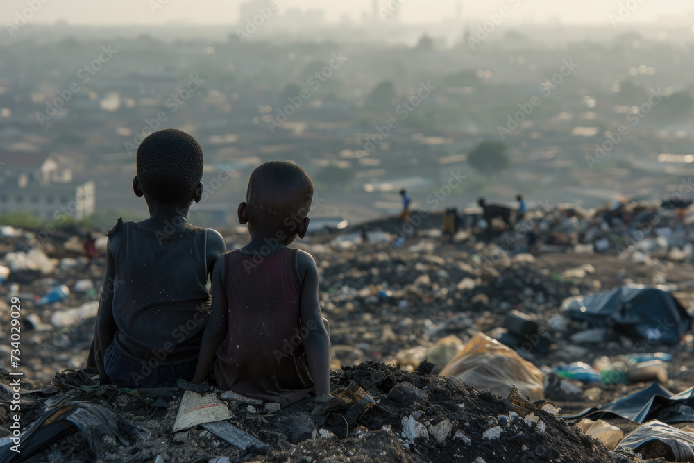african children back view sitting on a garbage dump and looking at the ...