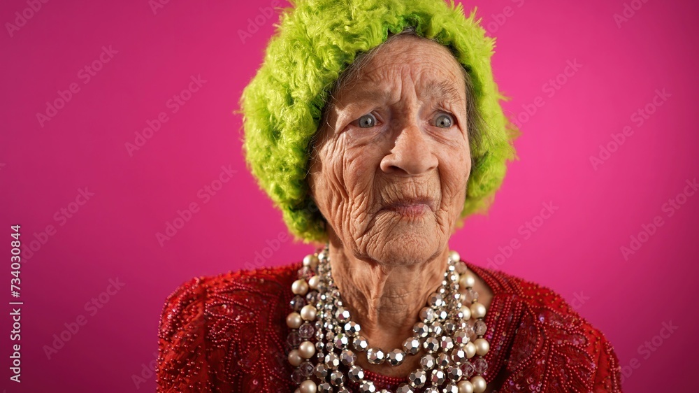 Funny fisheye view of sad, unhappy, confused, mature woman with no ...