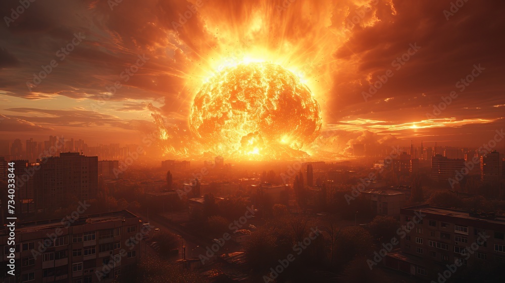 Explosion and fiery destruction in urban areas. View from the window of ...