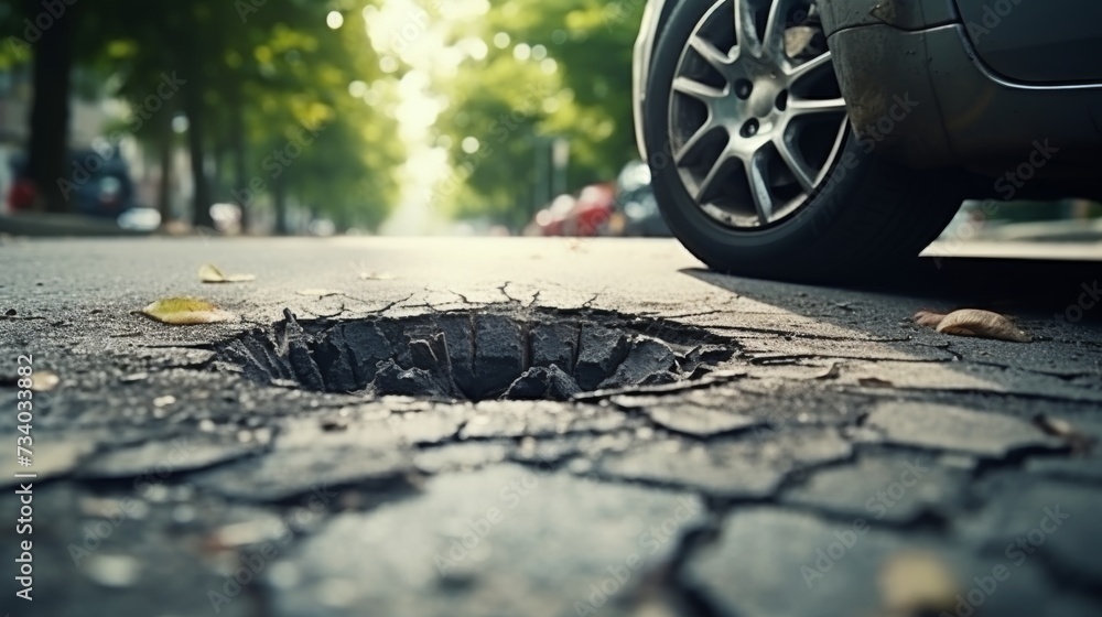 car wheels running and closed up Very bad quality street with potholes ...