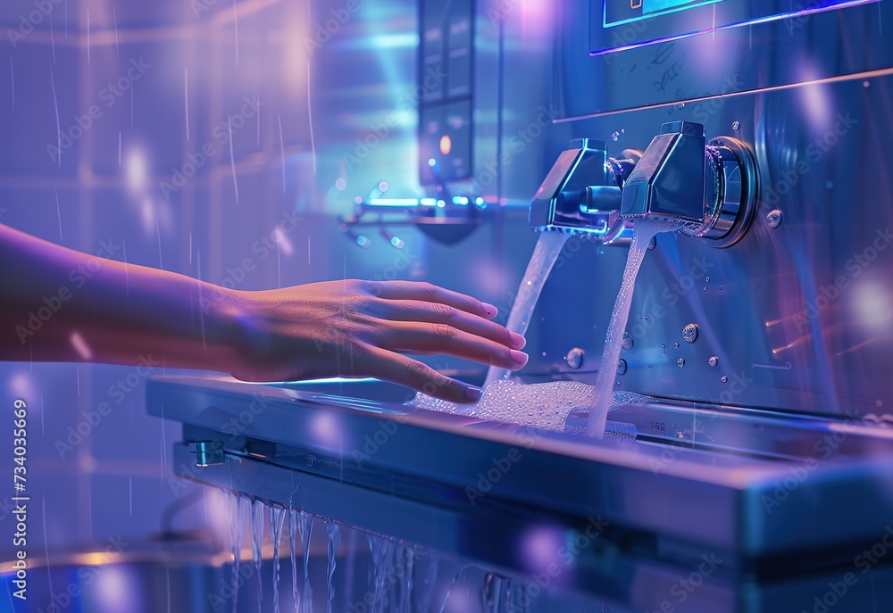 Futuristic automated hand washing station illuminated by neon lights ...