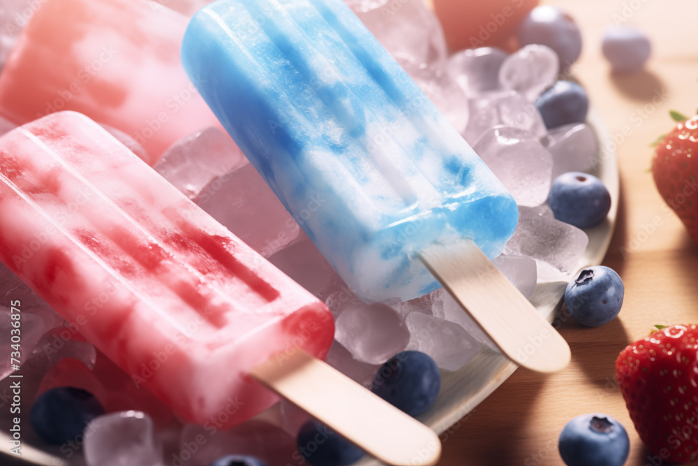 Berry ice cream bars on an ice tray with different types of berries ...