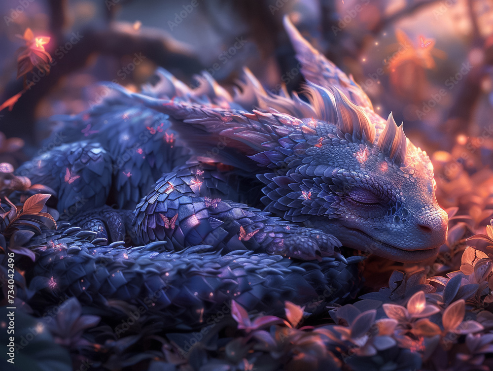 Digital painting of a small dragon-like creature with iridescent scales ...