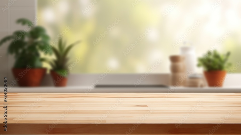 Wooden table on blurred kitchen bench background, Advertisement, Print ...