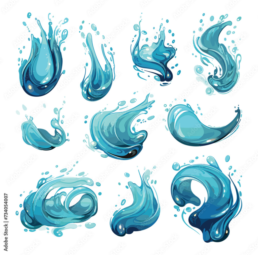 Cartoon water splashes. Collection of detailed water jets for animation ...