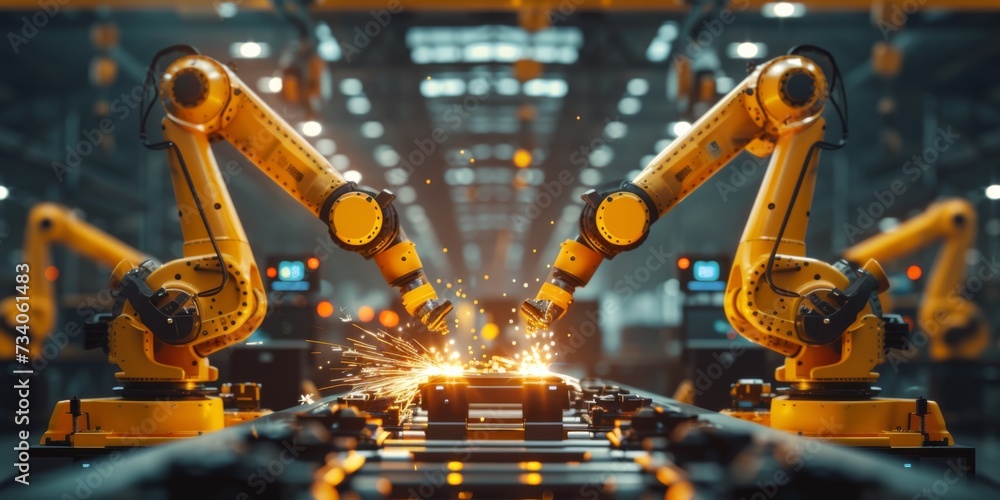 Dynamic Manufacturing Process With Automated Robot Arms Igniting Sparks ...