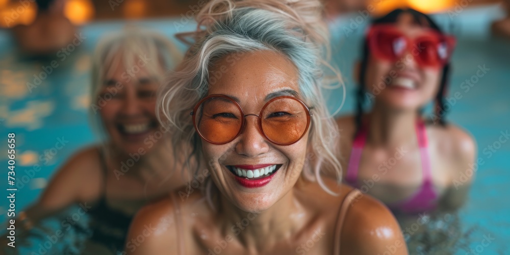 Happy Elderly Women Bonding In A Pool During An Invigorating Swimming ...