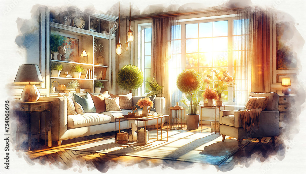 A watercolour painting of a cosy, sunny living room with plush sofas ...