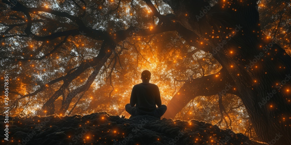 Person Finding Solace Under A Cosmic Canvas, Beneath A Towering Tree ...