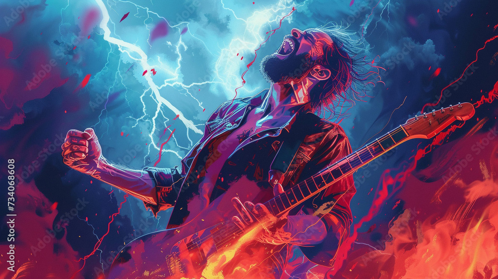 Illustrate an angry musician turning his rage into an electrifying ...