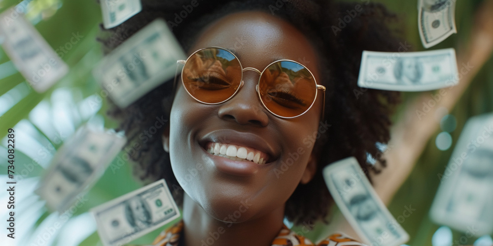 African-American woman in sun glasses surrounded by falling flying ...