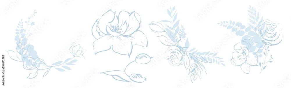 Simple outline blue floral clipart. Leaves and flowers sketch ...