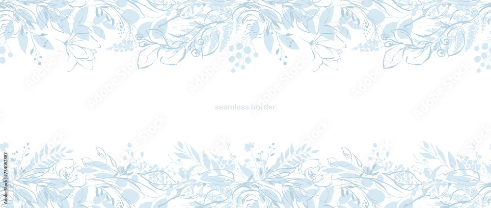 Simple outline blue floral clipart. Leaves and flowers sketch ...