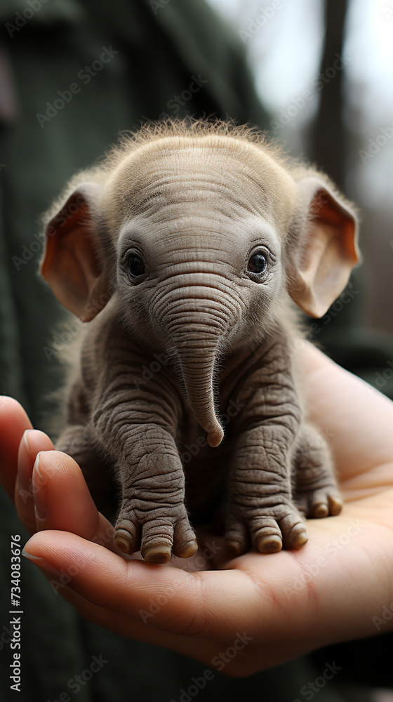 A tiny baby elephant resting on the tip of a woman's finger shows the cute nature of the tiny ...