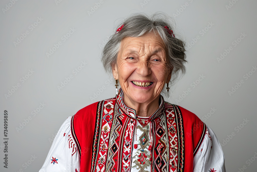 Smiling grandmother with gray hair in red and white Bulgarian national ...