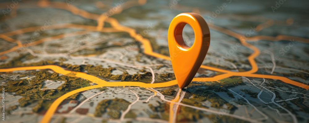 An orange map marker stands prominently on a physical map, highlighting ...