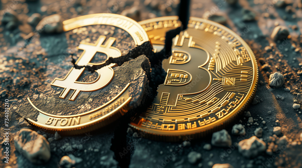 BTC halving 2024 illustrated by breaking Bitcoin, depicting the end and ...
