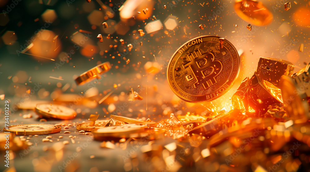 BTC halving 2024 illustrated by breaking Bitcoin, depicting the end and ...