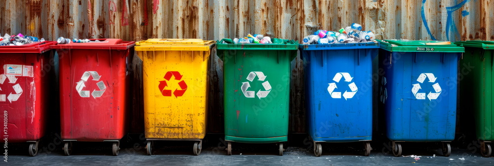 Waste recycling center background with labeled containers for different ...