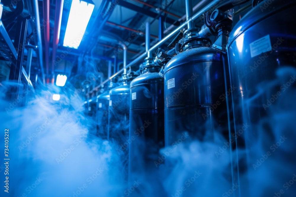 Industrial cryogenic tanks with vapor and blue lighting. Liquid cooling ...