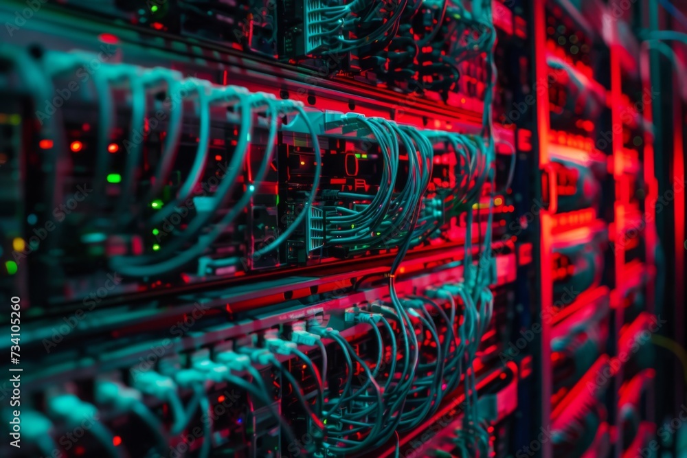 Network server hardware with red lights. Data security, cybersecurity ...