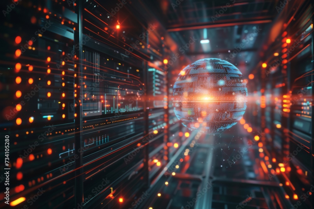 Holographic globe in a data center. Data security, cybersecurity, infrastructure. Global network ...