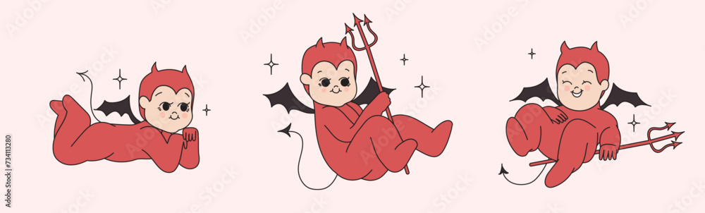 Collection of little cute devil characters in kewpies style. Set of ...