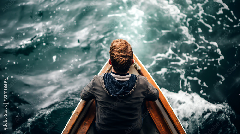 Person in a boat on water, viewed from behind representing adventure ...