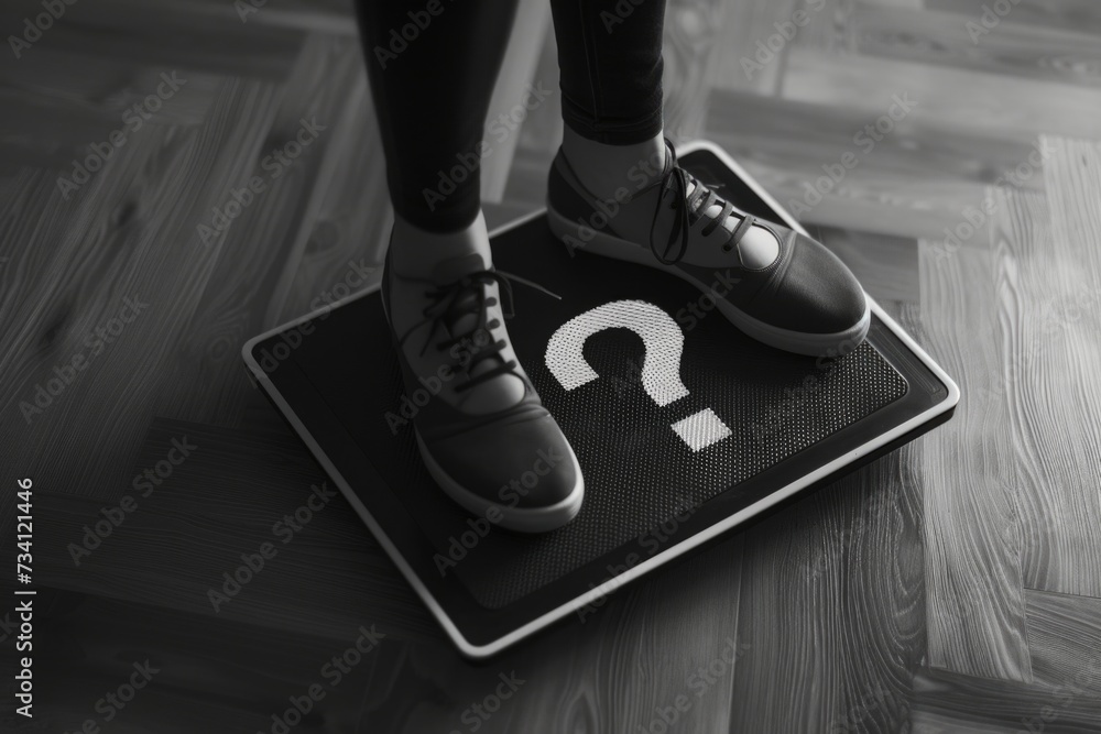 A person standing on a scale with a question mark symbol on it ...