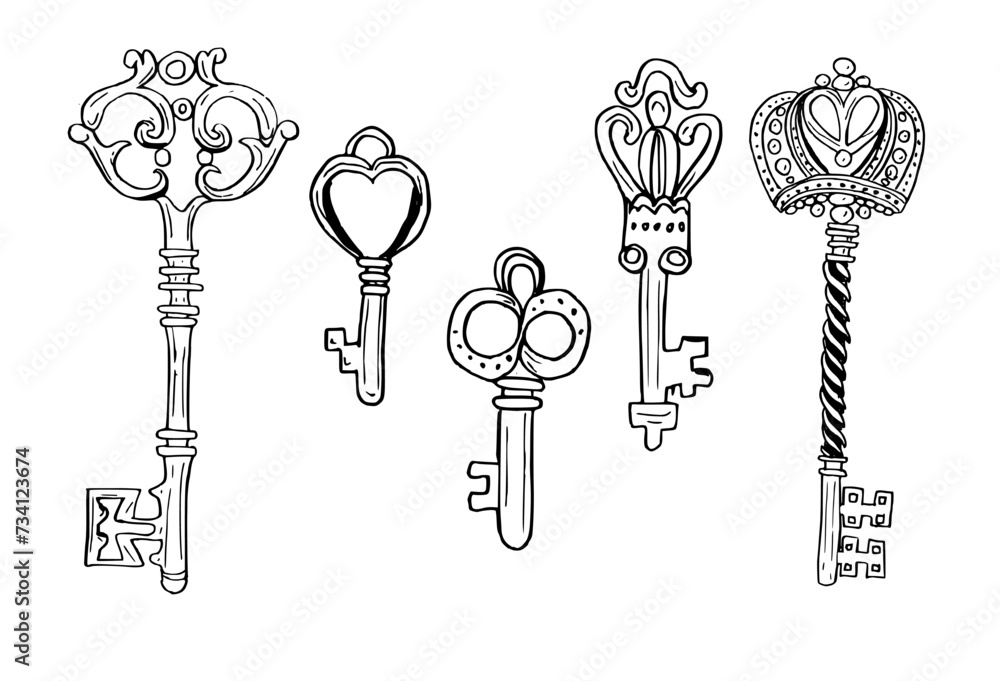 Vintage keys vector. Old antique key set sketch drawing, Hand drawn ...