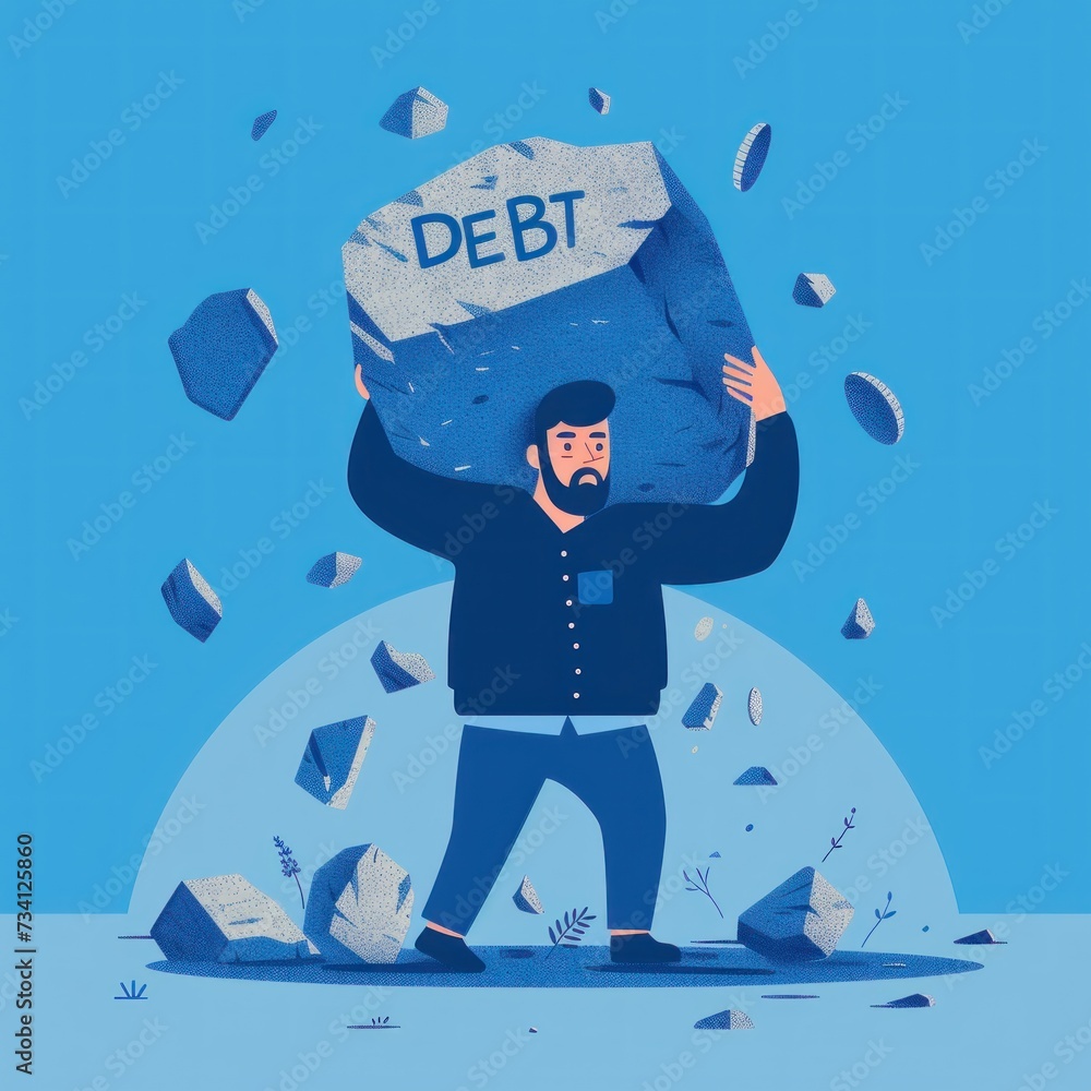 Man carrying a huge heavy stone with a word "debt" on it, blue ...