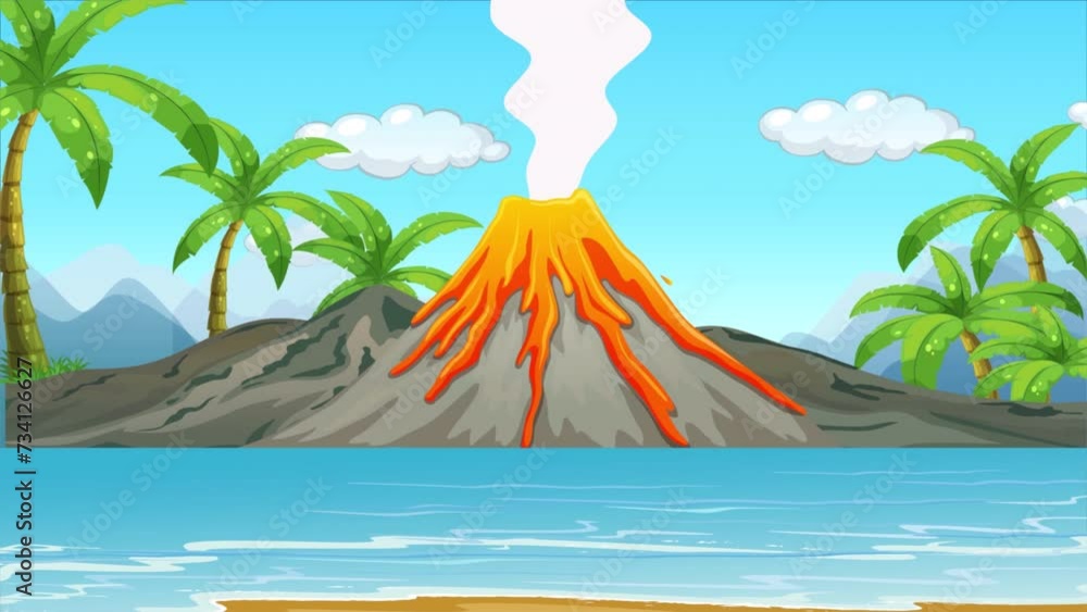Volcano erupting 2D object animation. Hot lava & smoke flowing from ...