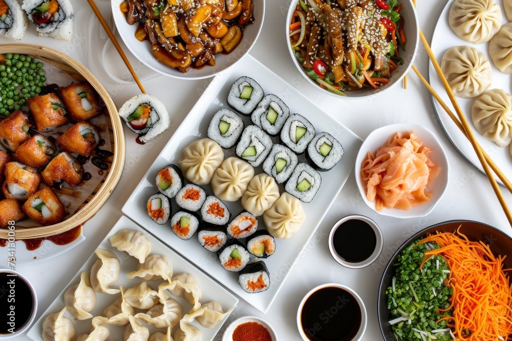 An overhead shot of an Asian cuisine spread, featuring sushi rolls ...