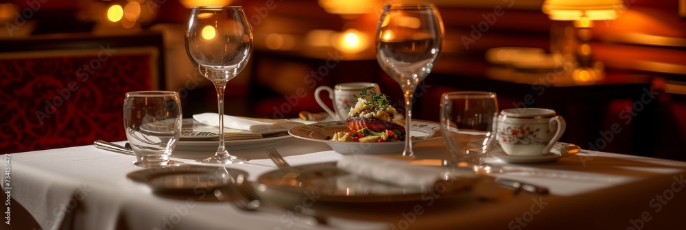 An upscale dining experience with an elegantly set table, fine china ...