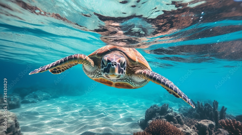 Happy cute sea turtle swimming freely in the blue ocean. Scuba diving ...