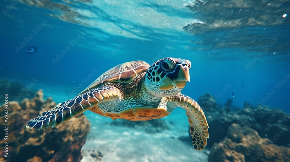 Happy cute sea turtle swimming freely in the blue ocean. Scuba diving ...
