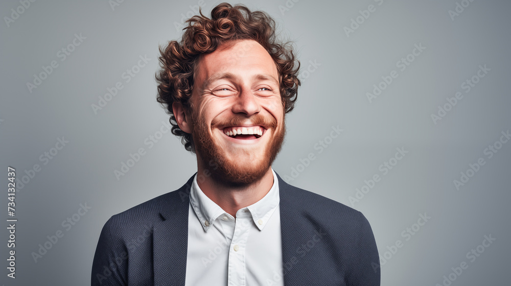 portrait of laughing man with big tooth gap, short hair and freckles ...