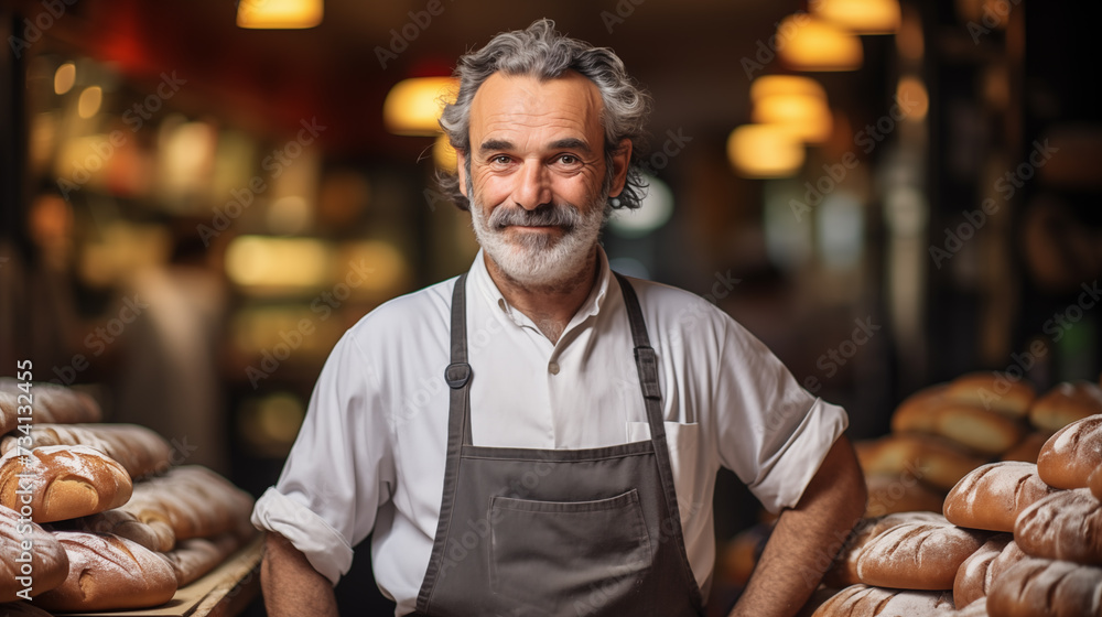 A cheerful baker with a mustache, wearing a white hat and apron ...