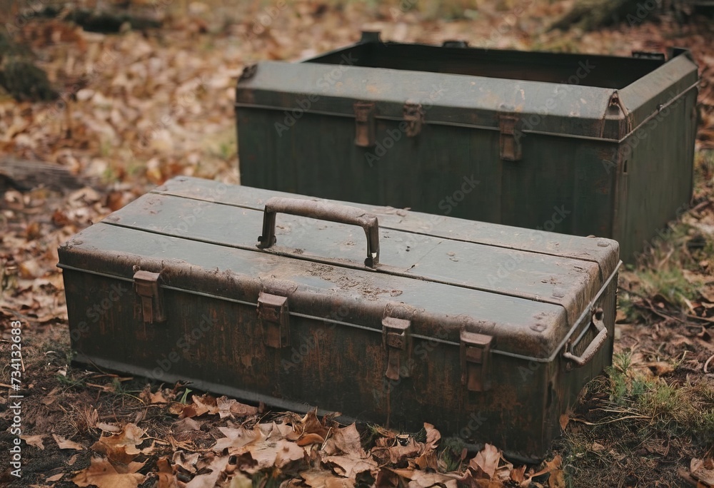 Wooden military crates for weapons and ammunition laid in the forest ...
