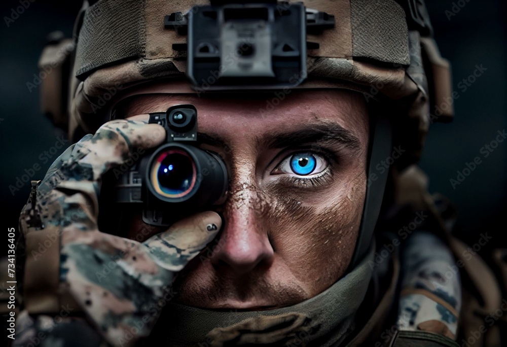 Eyes of the soldier. A soldier holding a smartphone behind his head ...