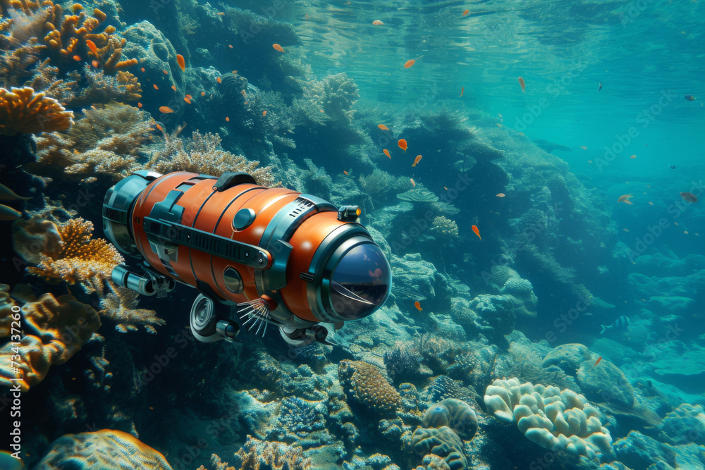Robotic observation marine life in the ocean background, Underwater ...