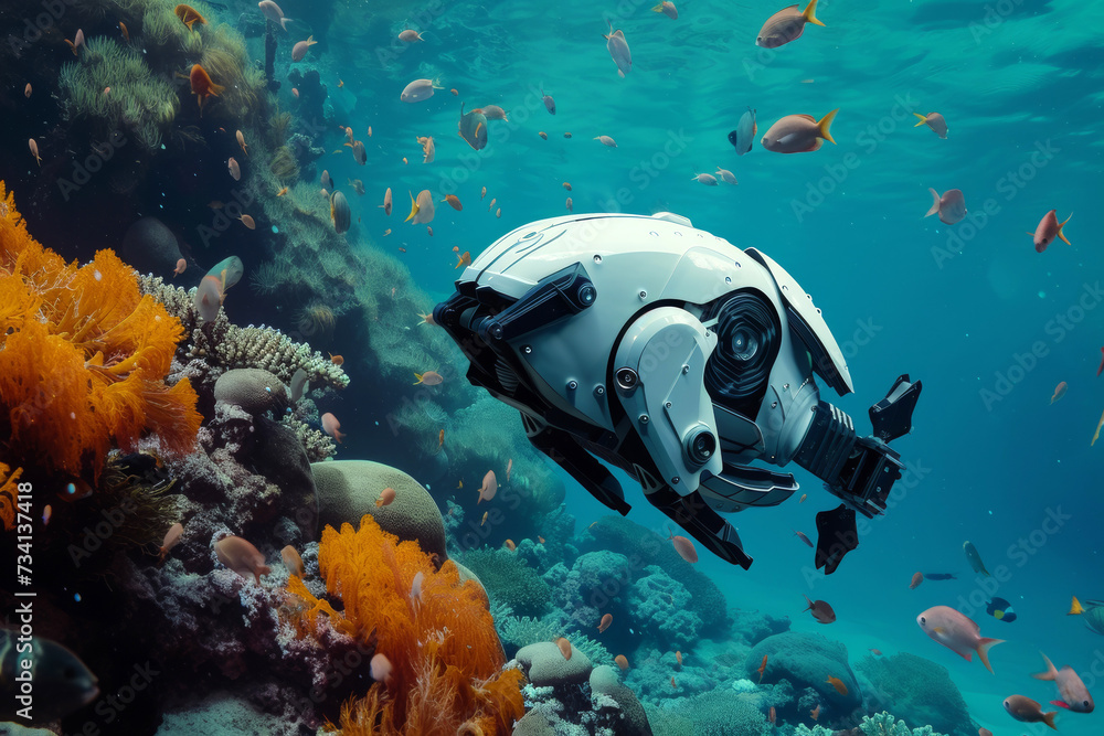 Robotic observation marine life in the ocean background, Underwater ...
