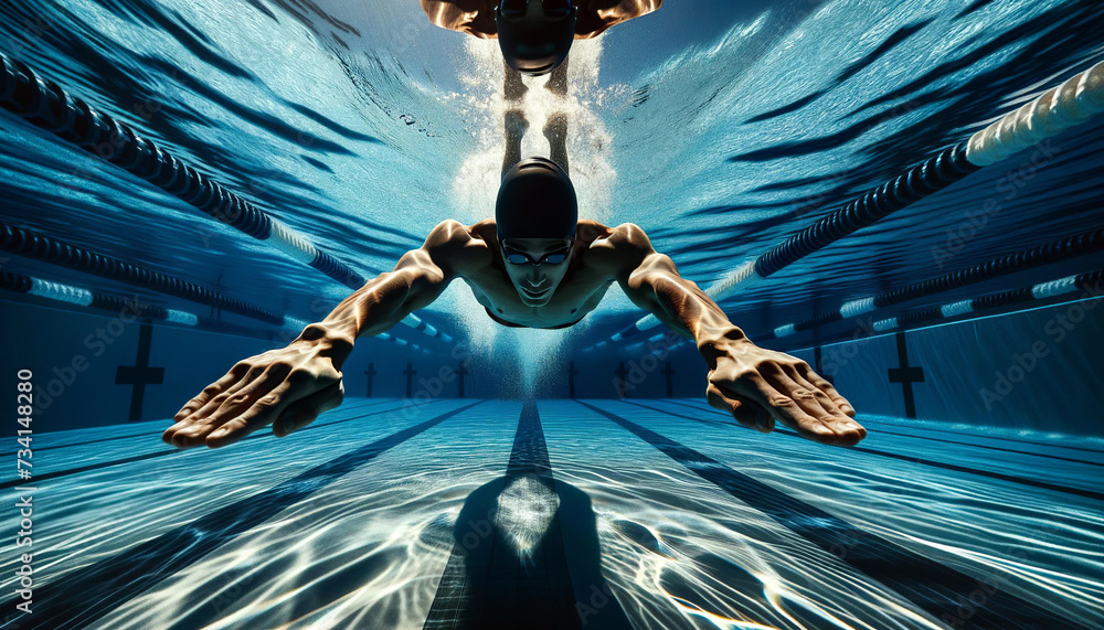 An underwater view of a swimmer diving into a pool, creating ripples ...