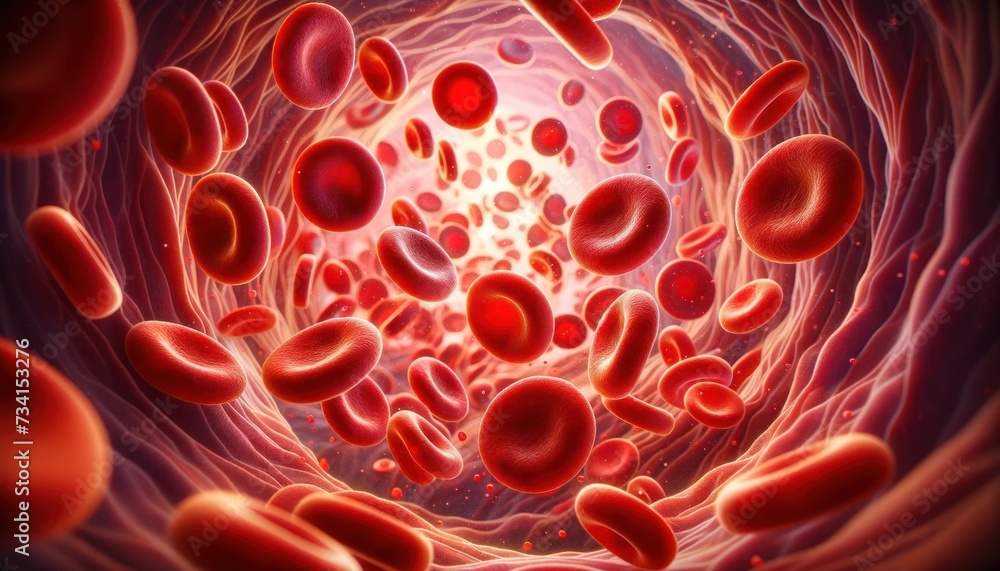 A detailed view of red blood cells in a blood vessel, showcasing their ...