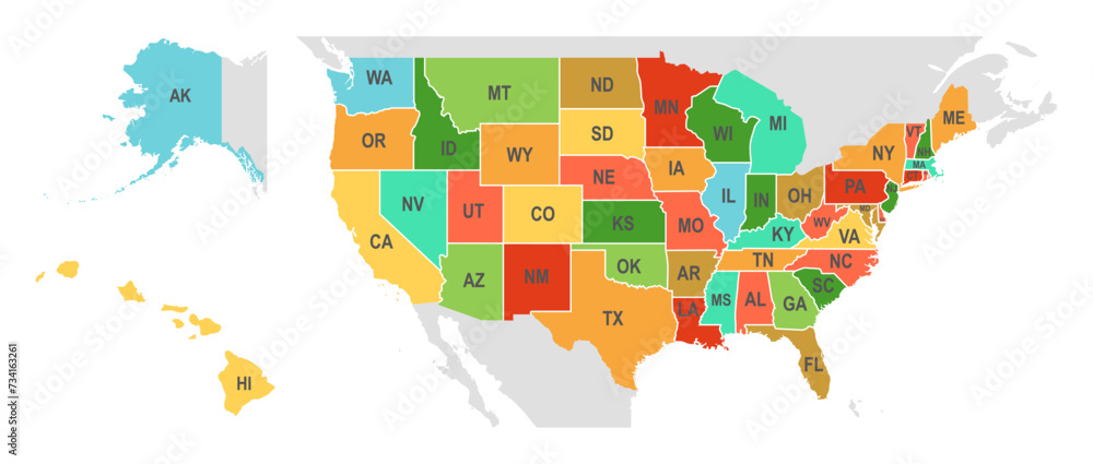 USA map with short name of states. United States of America map, 50 ...