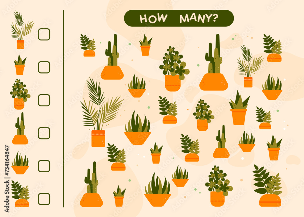 Count how many houseplants in pots. Mathematics puzzle. Counting task ...